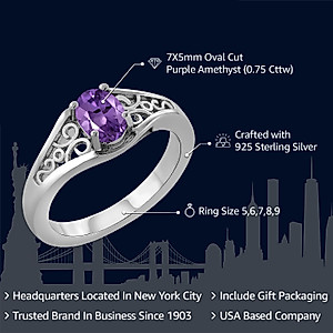 Gem Stone King 925 Sterling Silver Purple Amethyst Jewelry Ring For Women | 0.75 Cttw | Gemstone Birthstone | Oval 7X5MM | Available In Size 5, 6, 7, 8, 9