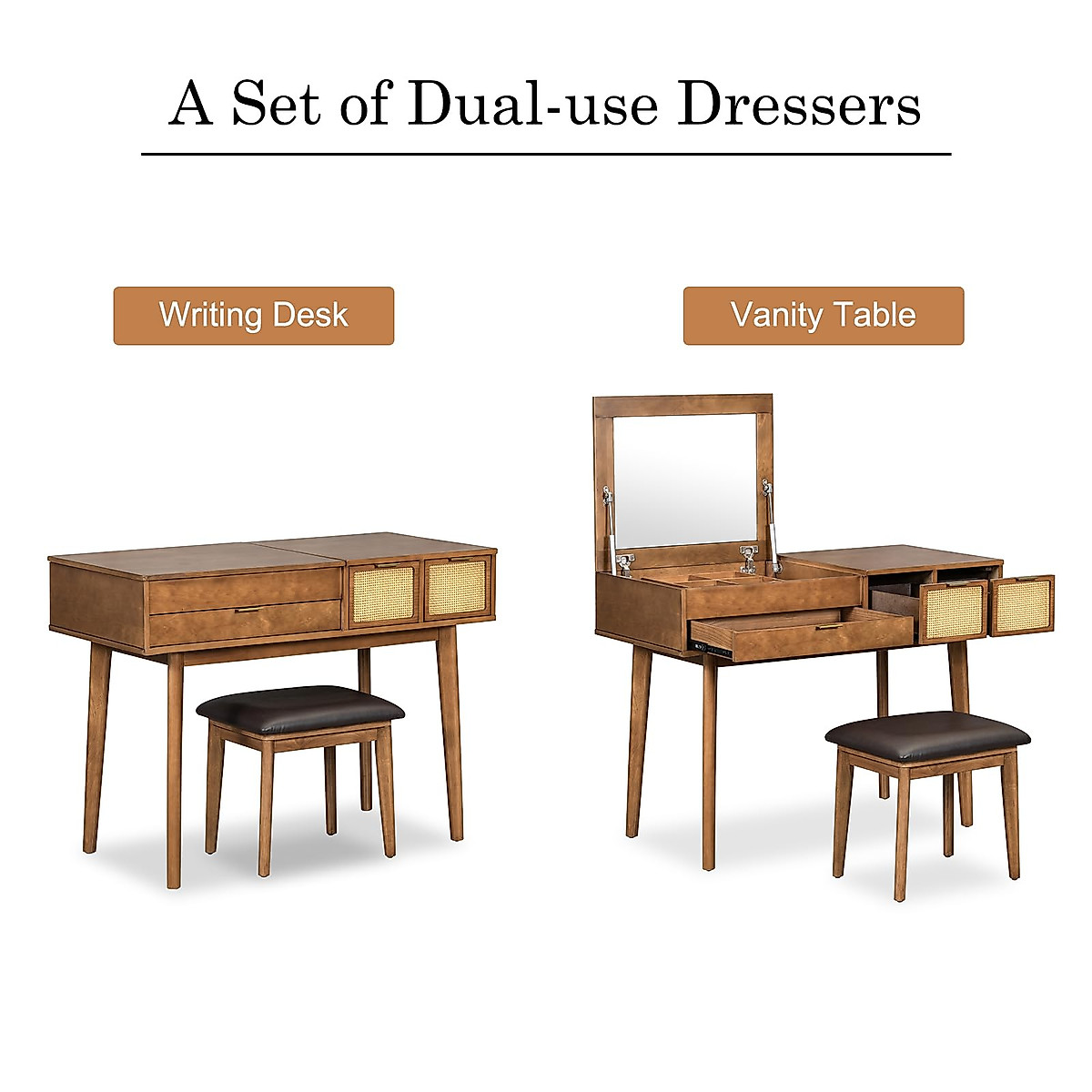DOINUO 43.3" Wood Makeup Vanity Desk with Flip-top Mirror & Drawers, Vanity Dressing Table Set with Storage Space and Cushioned Stool, Vanity Makeup Desk Set for Bedroom Brown