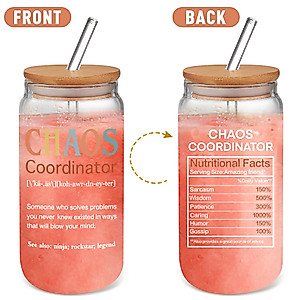Tikem Kitch Chaos Coordinator Gifts for Women - Thank You Gift for Coworker - Boss Lady Gifts for Women - Teacher Appreciation Gifts Ideas - 16oz Glass Coffee Cup with Lid and Straw (1 Count)