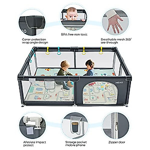 HEAO 79x59 Baby Playpen Extra Large Playard with mat Playpen for Babies with Gate Baby Playpen Area for Indoor Outdoor Grey