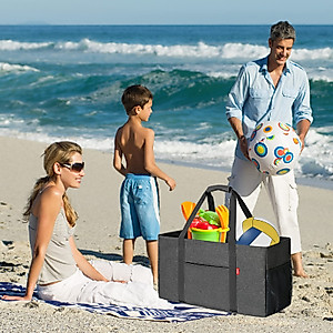 LHZK Standing Extra Large Utility Tote Bag with Metal Wire Frame and the Sides Rinforced, Extra Large Tote Bag with Handle, Reusable Grocery Bags Foldable, Beach Bag, Car Tote (Grey)