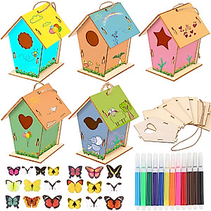 Outus Wooden DIY Craft Doodle Small Bird House Set Include Unfinished Wood Mini Bird House to Paint and Watercolor Paint Pen and 3D Butterfly Wall Sticker Decals for Kids Adults (15 Sets)