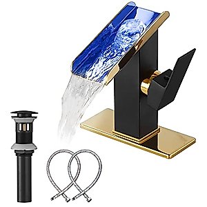 Black Bathroom Faucet Golden Waterfall Open Spout LED Color Changing One Hole Bath Vanity Sink Tap Single Handle with Bathroom Sink Drain Pop Up Stopper Overflow Water Supply Hose Include Modern