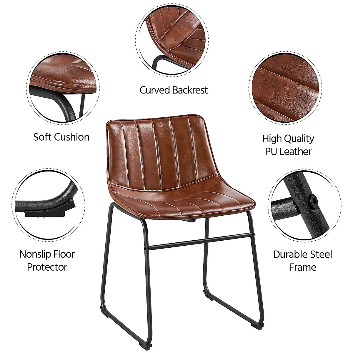 Yaheetech PU Leather Dining Chairs 18" Armless Chairs Indoor Upholstered Kitchen Dining Room Chairs with Metal Legs, Set of 2, Brown