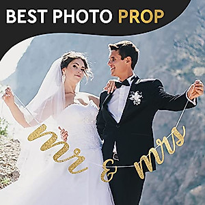 Pre-Strung Mr & Mrs Sign for Wedding Table - Wedding Decorations for Reception and Ceremony , Wedding Sign Gold Wedding Decor , Sweetheart Table Wedding Banner for Bride and Groom Chair - by Prazoli