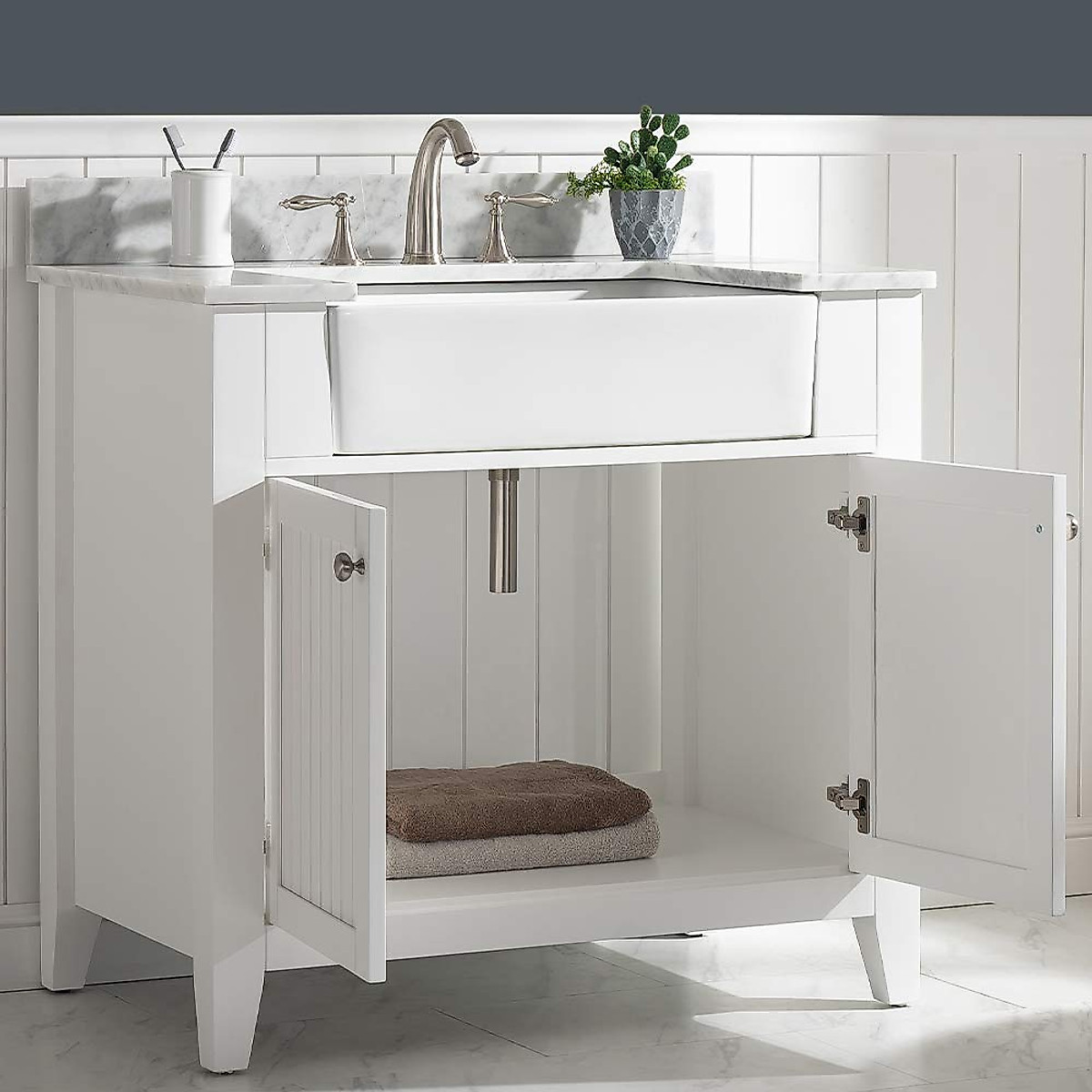 Luca Kitchen & Bath LC36VWW Balboa 36” Single Bathroom Vanity Set in Pure White with Carrara Marble Countertop and Farmhouse Sink