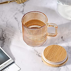 Joeyan Amber Glass Coffee Mugs Set of 2-11.5 oz Striped Coffee Cups with Lid - Large Drinking Glasses with Handle for Latte, Coffee, Tea, Milk, Juice