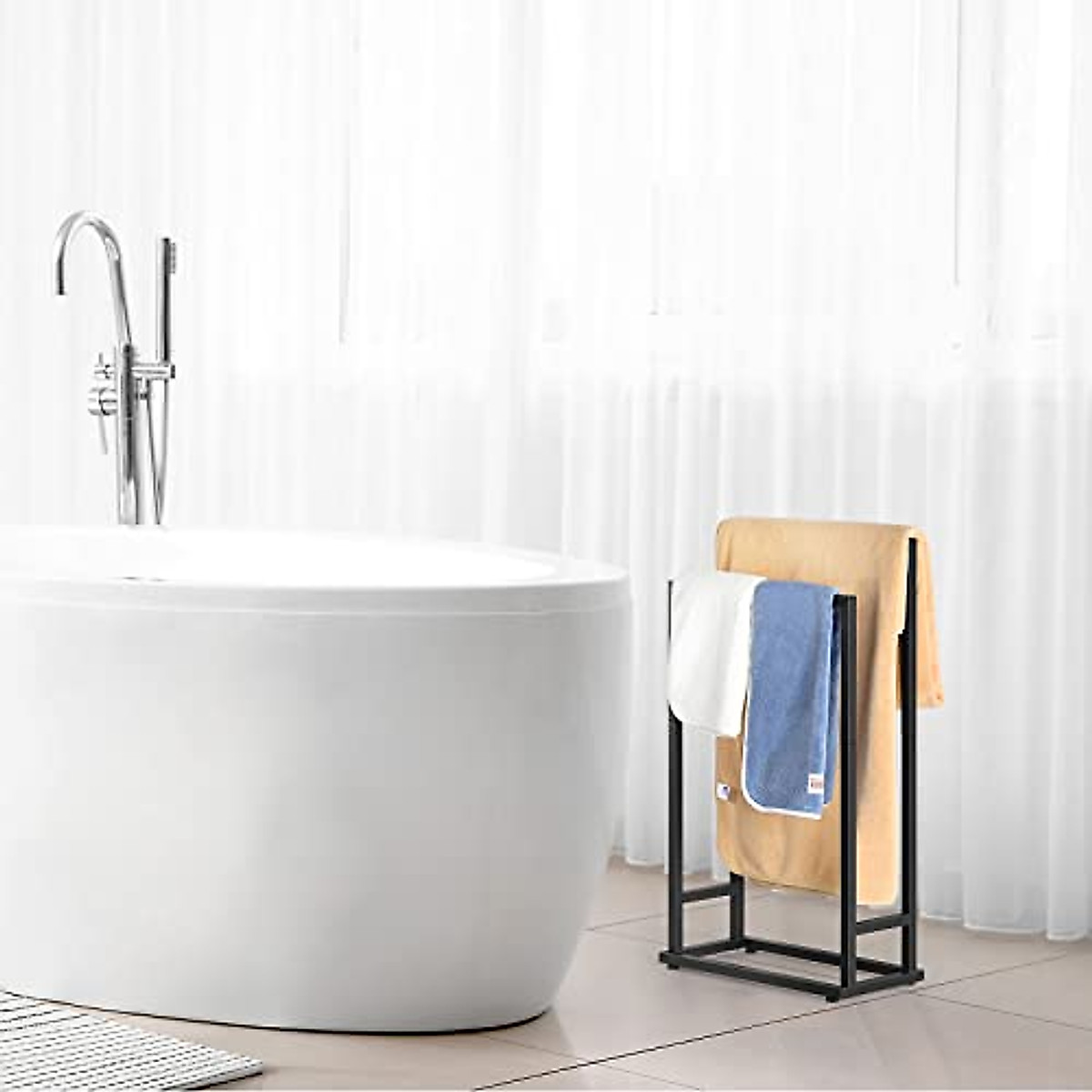 Free Standing Towel Racks 2 Tier Towel Holder Stand for Bathroom Matte Black Stainless Steel Industrial Towel Drying Rack for Hand Towels Blanket