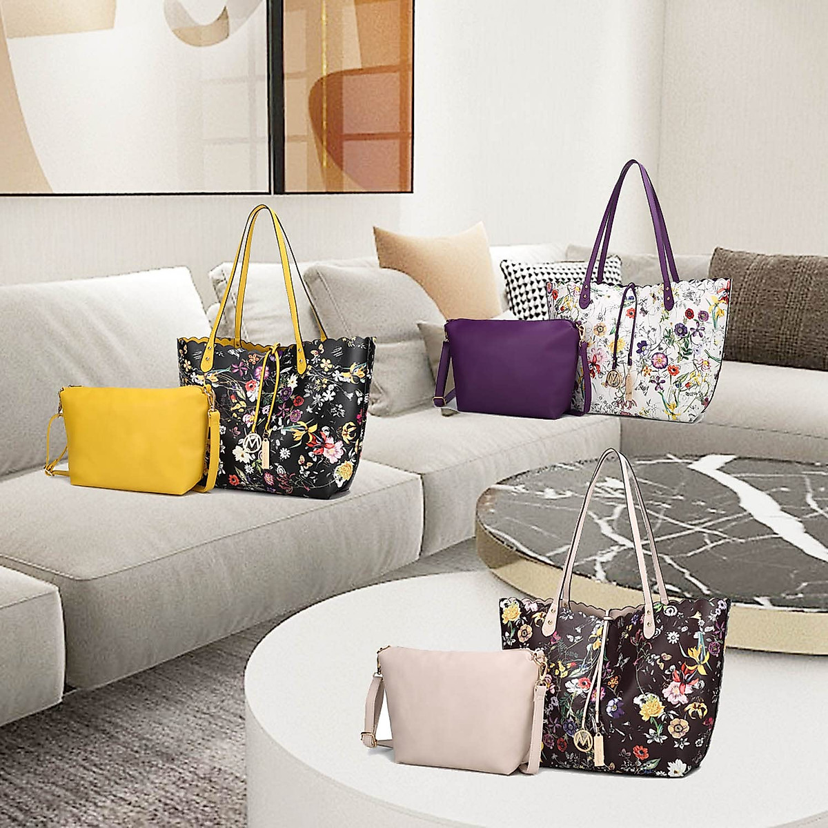 MKF Collection Tote & Pouch Bag for Women-Vegan Leather Designer Handbag -Shoulder Strap Messenger Purse 2Pcs set White red