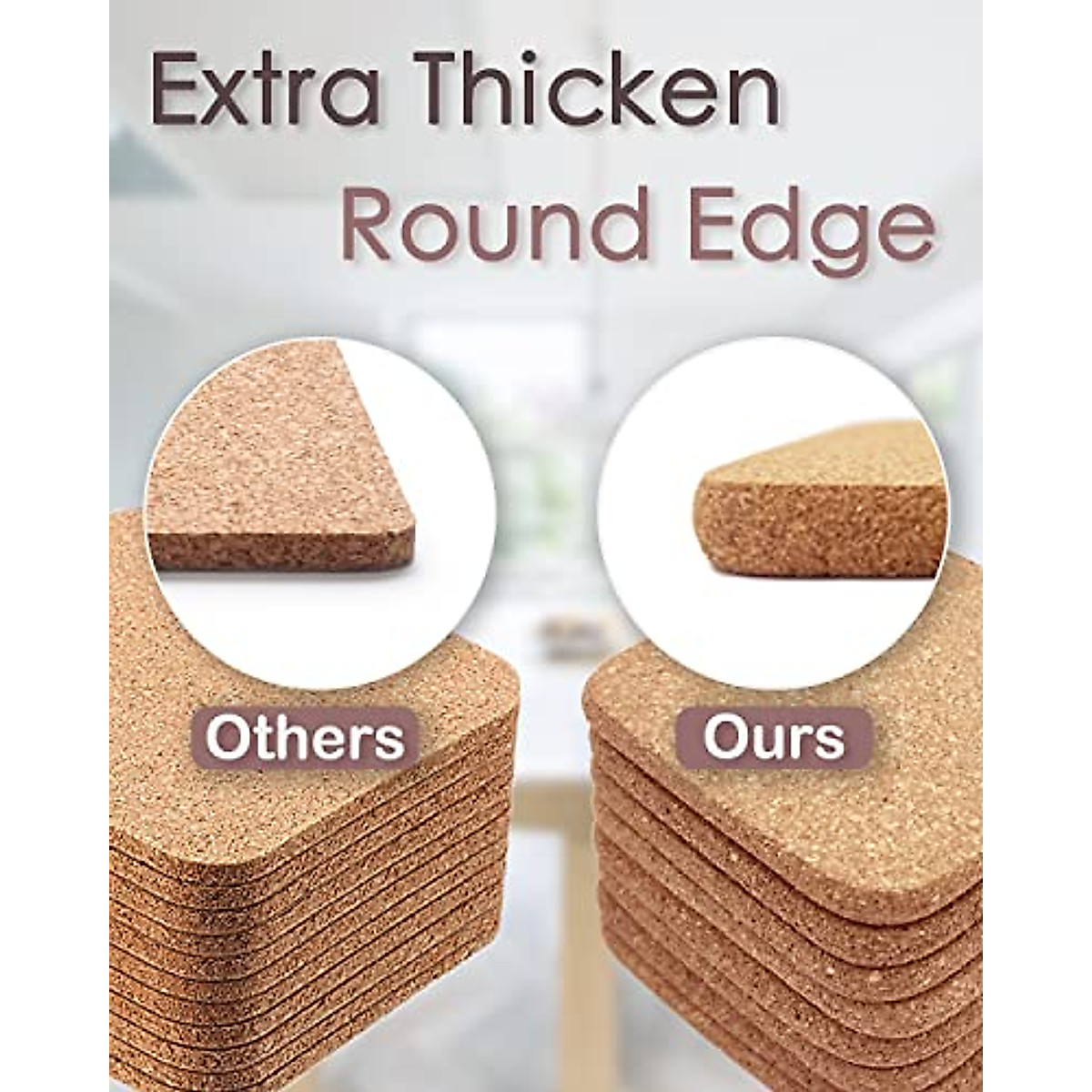 Cork Coasters for Drinks, 8 Pcs Square Extra Thick Absorbent Cork Coaster Sets, Round Edge Drink Coaster, Cup Coasters for Kinds of Cups, Housewarming Gifts, Home Decor, 4 x 4 Inches