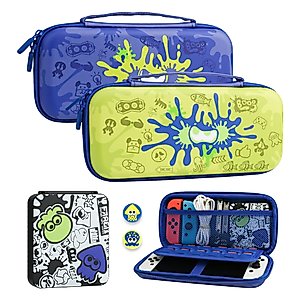 FUNDIARY Carrying Case for Nintendo Switch and Switch OLED, Hard Portable Travel Case for Switch and Switch OLED, Case Accessories Bundle with Game Case and 2 Thumb Caps - for Splatoon 3