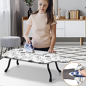 Duwee 15"x30" Table Top Ironing Board Extra Wide with Anti-Rust Hanging Hook and Removable Washable Cotton Cover, Steel Mesh Top Ironing Boards with 10mm Thicken Double Layers Feltpad and Foam,White