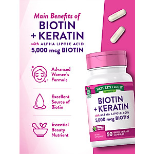 Biotin 5000 mcg | 50 Capsules | With Keratin and Alpha Lipoic Acid | Non-GMO & Gluten Free Supplement | by Nature's Truth