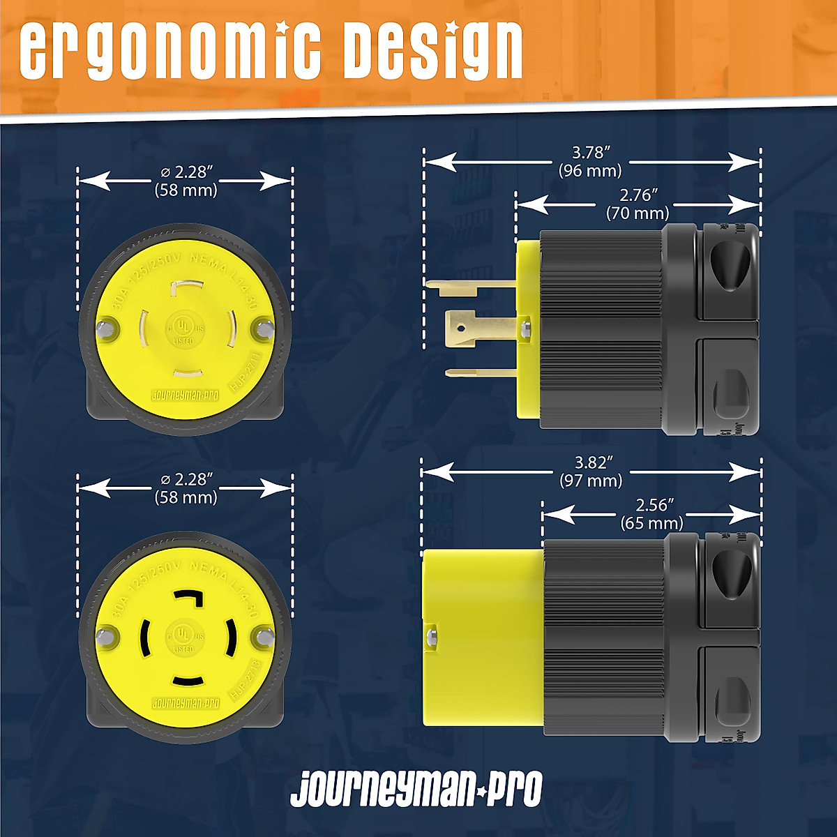 Journeyman-Pro 2713 30 Amp, 125/250 Volt, NEMA L14-30R, 3P, 4W, Locking Plug Connector, Black Industrial Grade, Grounding 7500 Watts Generator Rating (L14-30R (Female Plug))