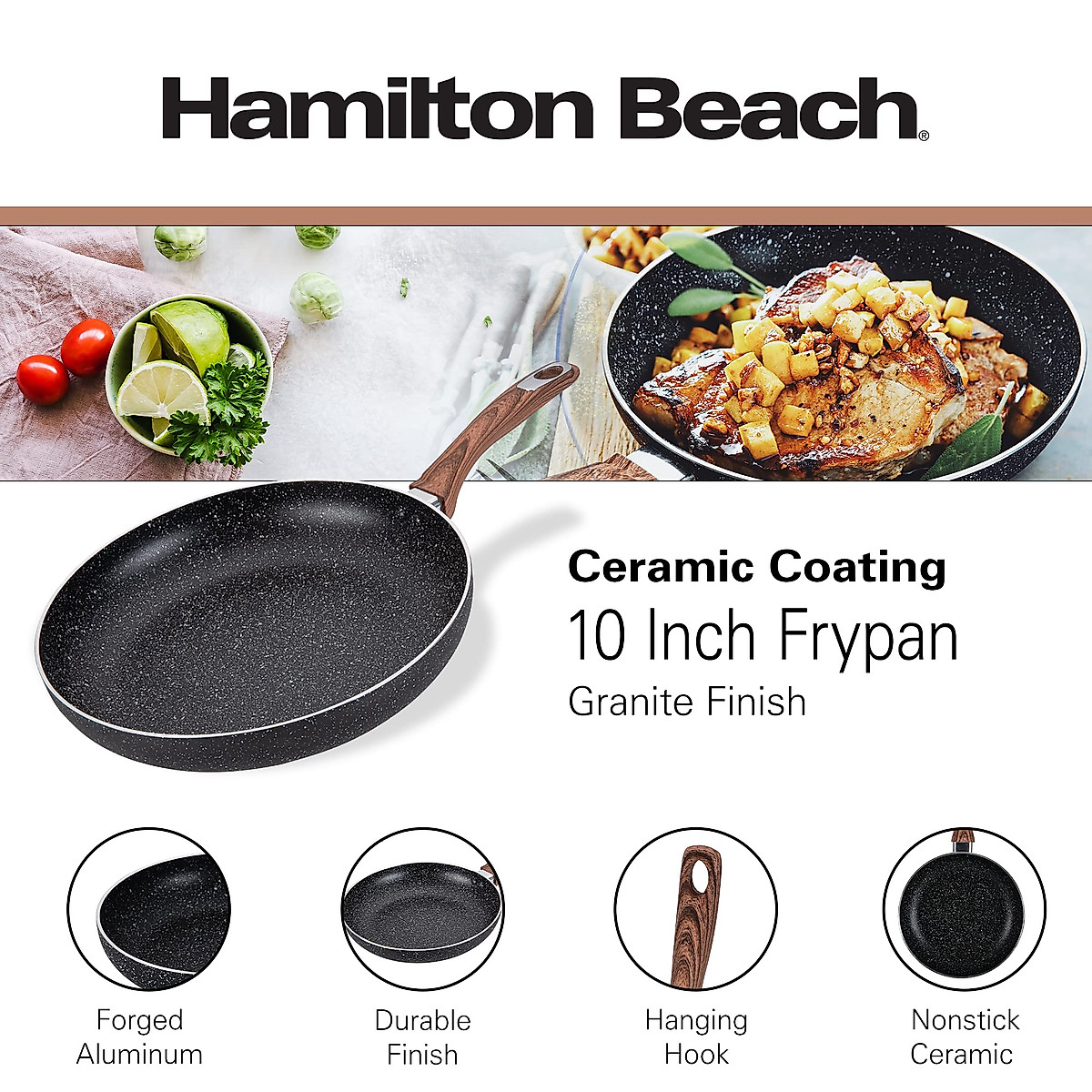 Hamilton Beach Fry Pan 10-Inch, Nonstick with Marble Coating, Wood like Soft Touch Handle, Non-Stick Granite Fry Pan Egg Pan Omelet Pans, Stone Cookware Chef's Pan, PFOA Free Induction Bottom