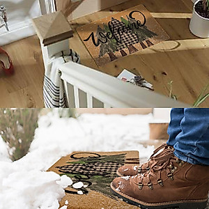 UTOWO Winter Xmas Welcome-Doormat Non-Slip Front-Door-Mats - Plaid Pine-Tree Snow Entrance Mat Porch Home Christmas Decor
