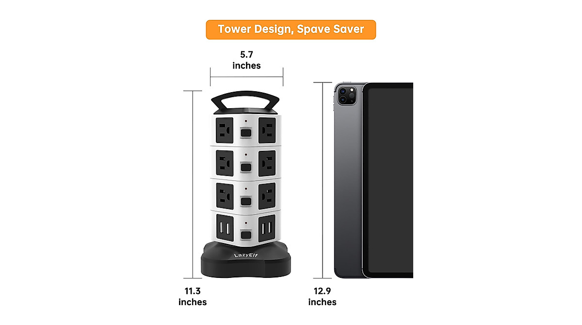 Surge Protector Power Strip Tower with Night Light, Lazy Elf Extension ...