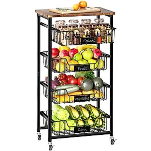 CHLORYARD 5-Tier Vegetable Fruit Basket Kitchen Storage Rolling Cart on Wheels with Pull-Out Baskets and Wood Top for Kitchen Diningroom Pantry