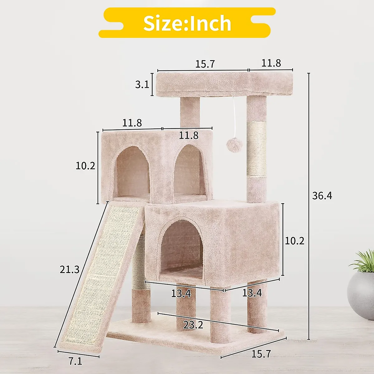 BestPet 36 inches Cat Tree for Indoor Cats Cat Tower with Scratching Posts Multi-Level Cat Furniture Condo with Ramp, Perch Spacious Cat Cave & Funny Toys for Kittens House,Beige