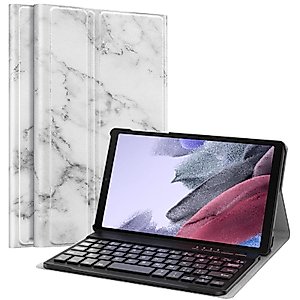 MoKo Keyboard Case Compatible with Samsung Galaxy Tab A7 Lite 8.7-Inch 2021 (SM-T225/T220/T227), Slim Lightweight Stand Cover with Magnetically Detachable Wireless Bluetooth Keyboard, Marble White