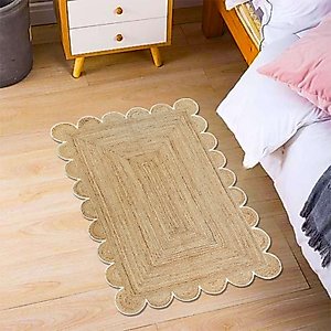KALVEERA 2' x 3' Handmade Jute Area Rugs Scalloped Pattern Braided Texture Rectangular Centerpiece Boho Aesthetic Vintage Soft Carpets for Home Decor Living Room (Natural Jute with Off White Border)