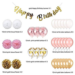 Birthday Decoration, Happy Birthday Banner, Tissue Flower, Confetti Balloons for 16th 18th 21st 30th 50th 60th Birthday Party Decoration for Women Girls