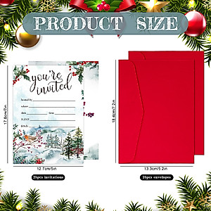Whaline 25 Pack Christmas Party Invitation Cards Winter Woodland Robin Invitation Paper Cards with Dark Red Envelopes Xmas Holiday Watercolor Animals Party Invites