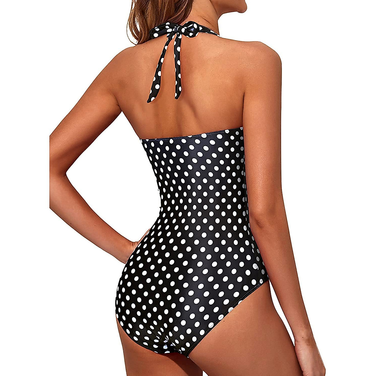 Tempt Me Women Black Polka Dot Tummy Control One Piece Swimsuits Push Up Slimming Bathing Suits Halter Vintage Swimwear L
