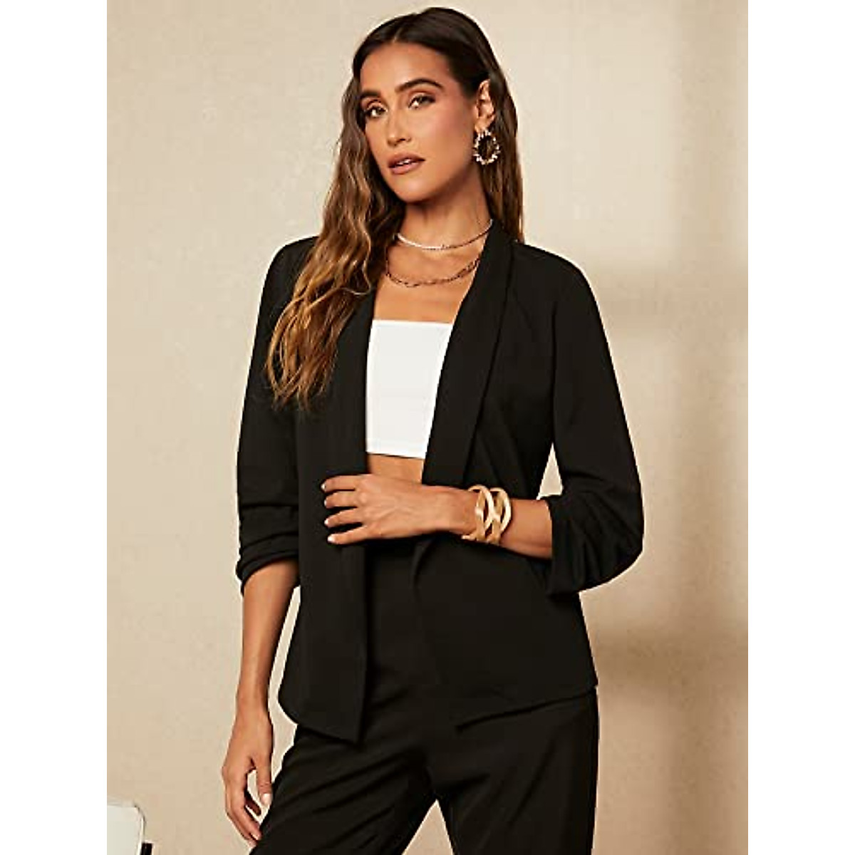 Verdusa Women's 3/4 Length Sleeve Shawl Collar Ruched Sleeve Open Front Suiting Blazer Black M