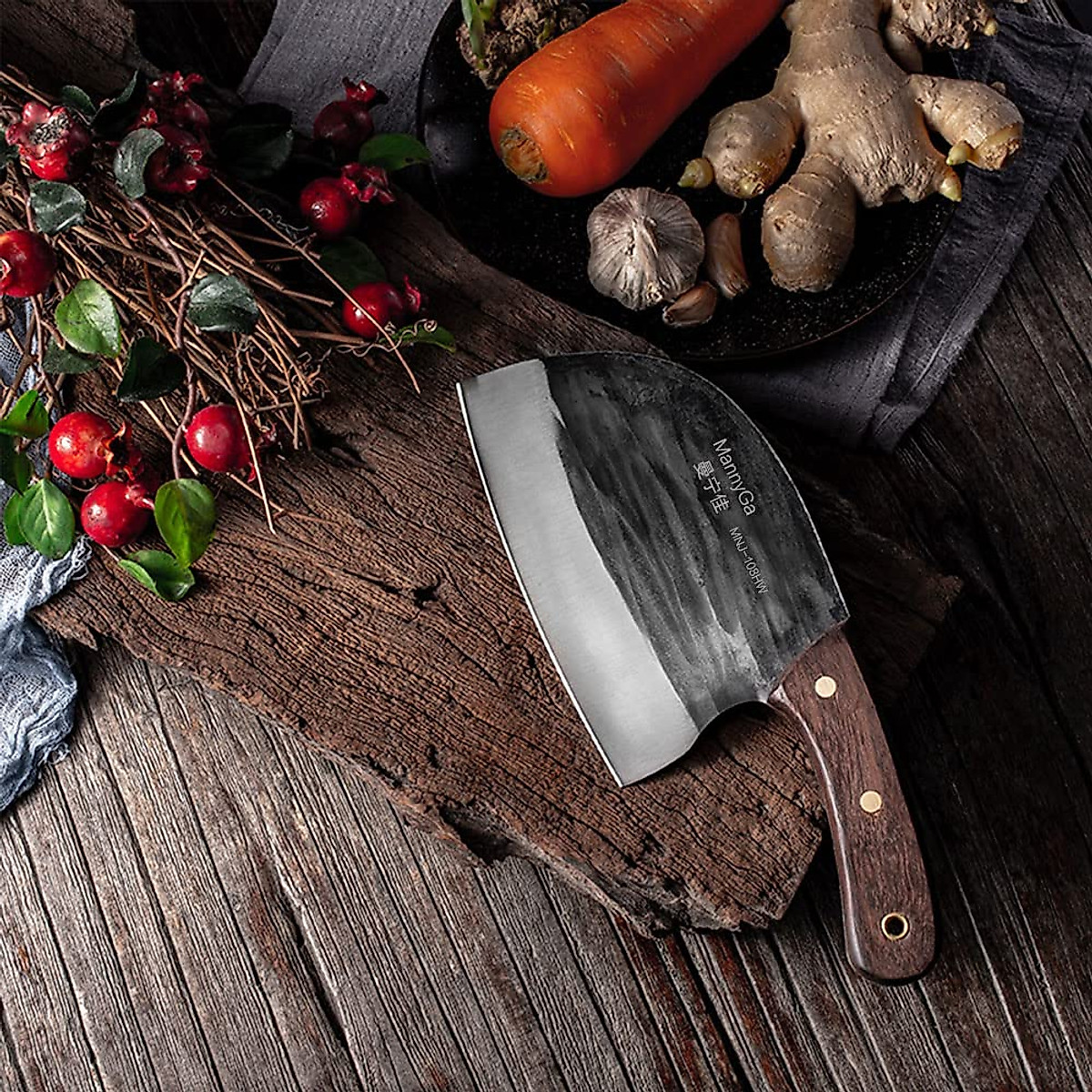 MannyGa Meat Cleaver Knife 6 Inch Serbian Chef Knife Ultra Sharp 5Cr15 Stainless Steel Butcher Knife with Full Tang Handle for Home Kitchen and Outdoor Cooking.