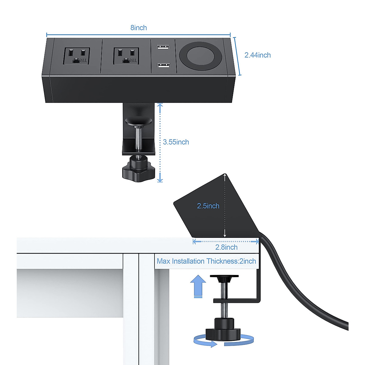 Desk Clamp Power Strip with Wireless Charger,Desk Mounted Power Strip ...