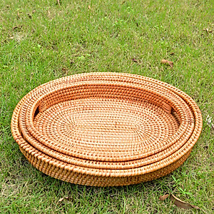 3 Pack Handmade Oval Woven Basket Tray, 15 Inch Rattan Storage Baskets with Handles and 2 Inch Raised Side, Decorative Wicker Organizer Tray for Table Serving, Bread, Fruit, Catch All Dish, S, M, L