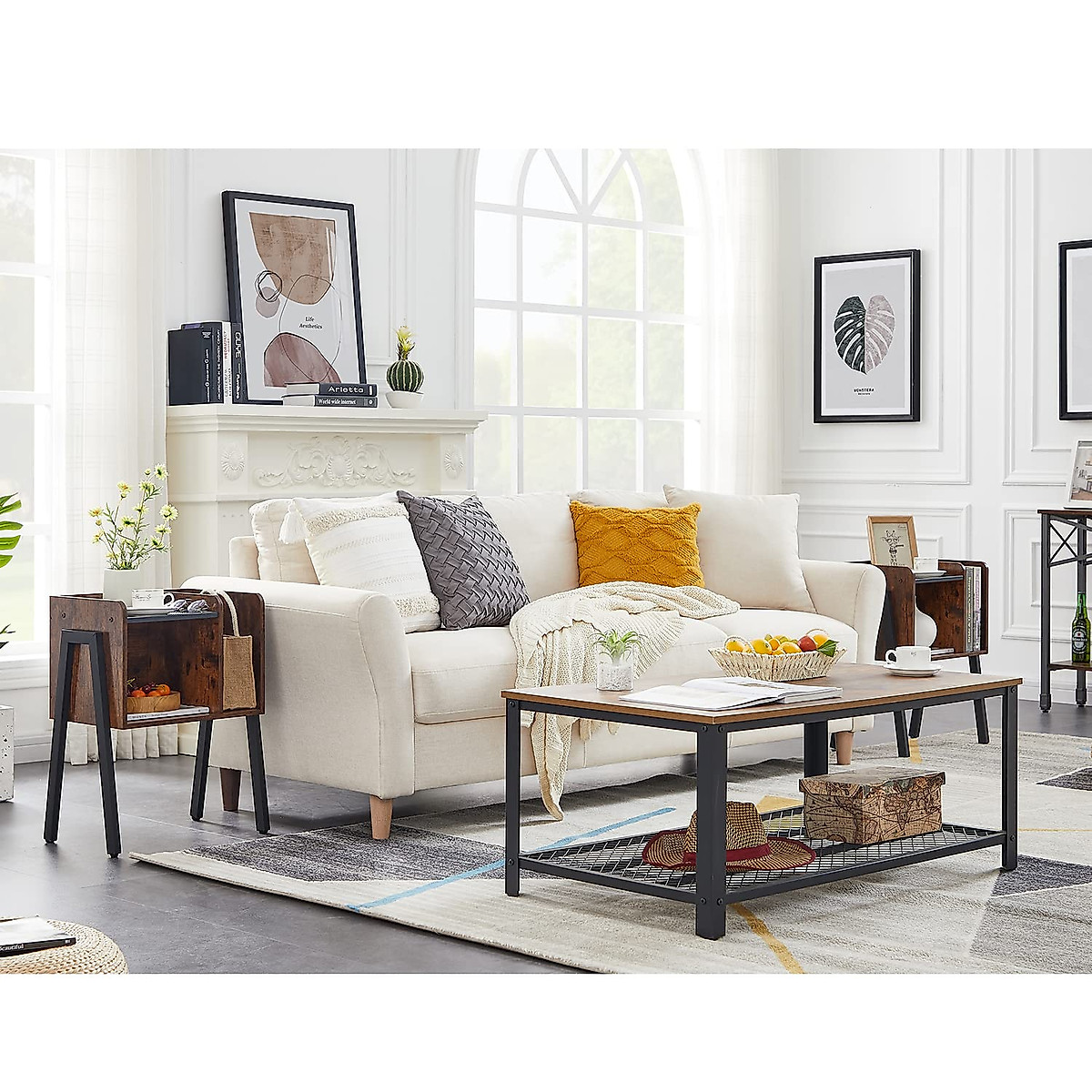 VECELO Nightstand Industrial Side End Table/Stackable Accent Furniture with 2-Tier Open Storage Compartments for Bedroom, Living Room and Small Spaces, 2 pack, Brown