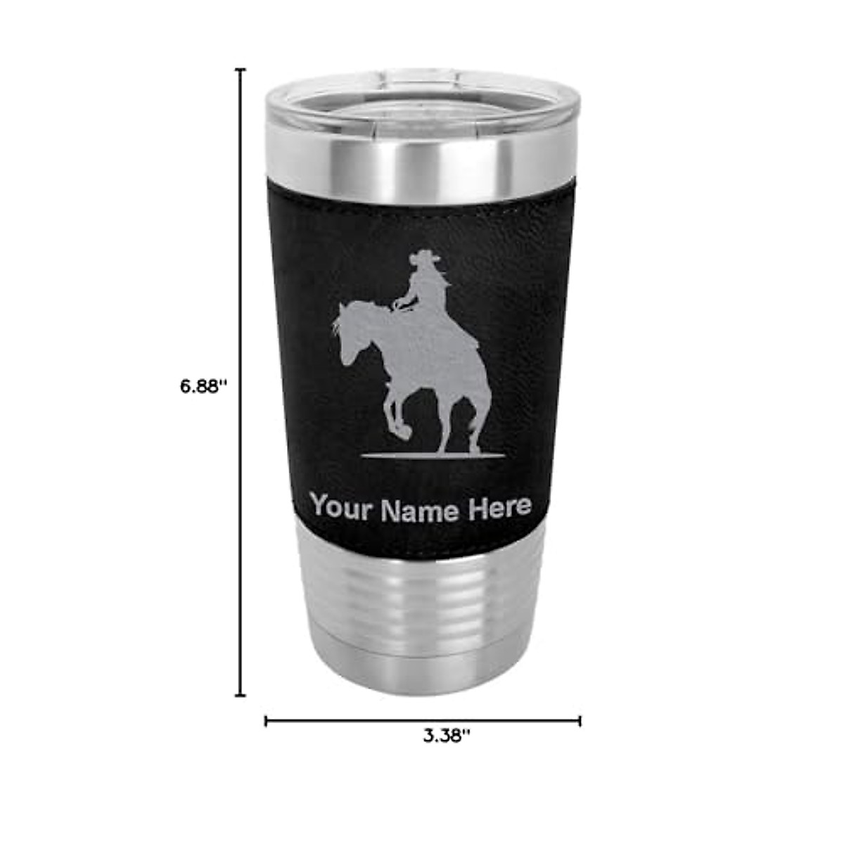 LaserGram 20oz Vacuum Insulated Tumbler Mug, Cowgirl Riding Horse, Personalized Engraving Included (Faux Leather, Black)