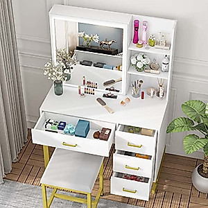 PAKASEPT Makeup Vanity with Sliding Lighted Mirror, Vanity Desk Dressing Table with 4 Drawers, White Vanity with Hidden Shelves & Cushioned Stool for Bedroom(White)