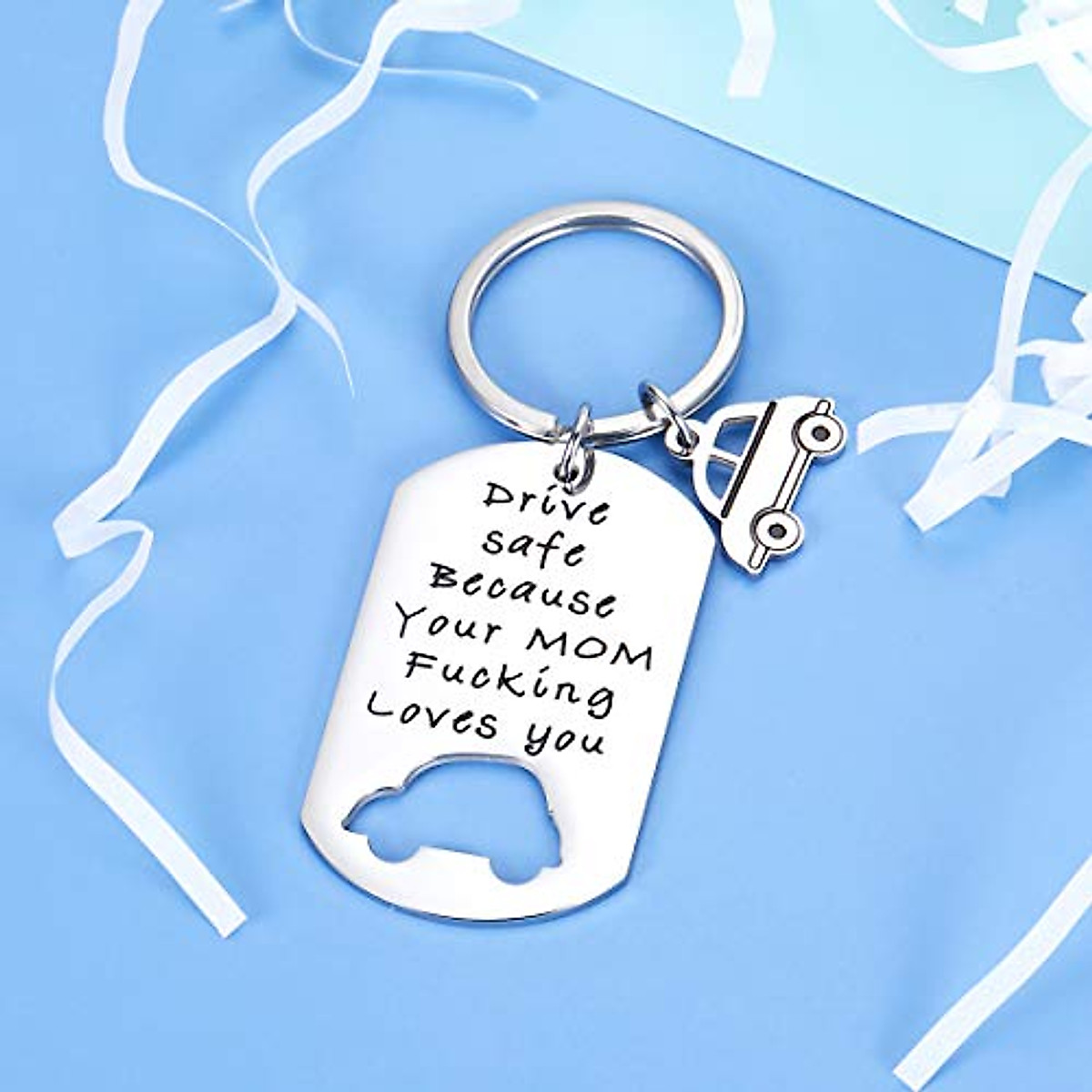 Funny New Driver Gift Drive Safe Your Mom Loves You Keychain for Son Daughter from Mom Dad Stocking Stuffer Trucker BFF 16th Birthday Gift Promise Keyring Valentine for Teens Adult Boys Girls Him Her