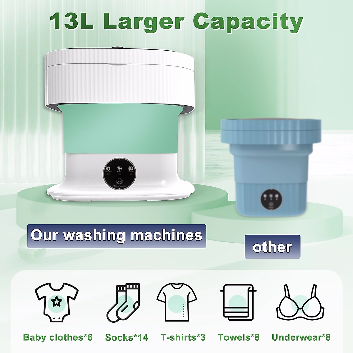 15L Mini Portable Washing Machine, Foldable Washer with Spin Dryer, Small Collapsible lavadora Portatil, Compact Luandry Washer for Underwear, Socks, Travel, Camping, Dorm, Apartments, Green