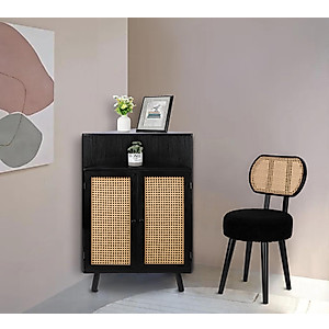 ZYBT Rattan Corner Storage Cabinet, 4-Tier Cabinet with 2 Rattan Doors, Small Wood Corner Table Bar Cabinet, Small Space Freestanding Corner Shelf Stand for Living Room, Bedroom, Kitchen (Black)