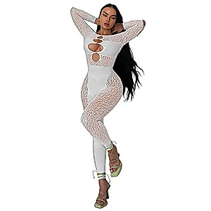 Uni Clau Women Off Shoulder Bodycon Jumpsuit Sexy Long Sleeve Mesh Sheer Long Pant Set Romper See-Through Playsuit White M