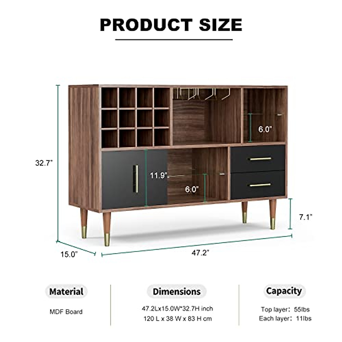 IKIFLY Accent Buffet Sideboard with Storage, Wood Cabinet Server Cupboard with 12 Wine Bottle Rack, Stemware Holder and Drawers, Console Table for Kitchen Living Room, 47 Inch - Walnut/Black