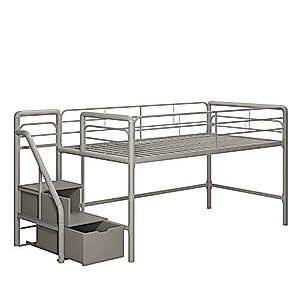 DHP Junior Twin Metal Loft Bed with Storage Steps, Multifunctional Space-Saving Solution - Silver with Gray Steps