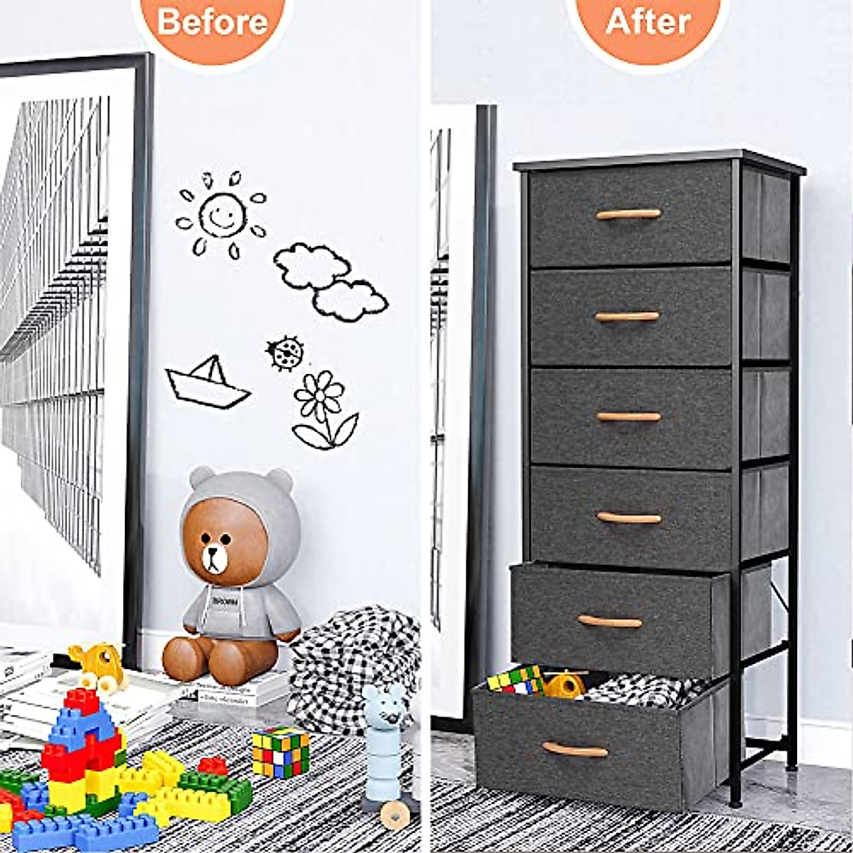 Crestlive Products Vertical Dresser Storage Tower - Sturdy Steel Frame, Wood Top, Easy Pull Fabric Bins, Wood Handles - Organizer Unit for Bedroom, Hallway, Entryway, Closets - 6 Drawers (Gray)