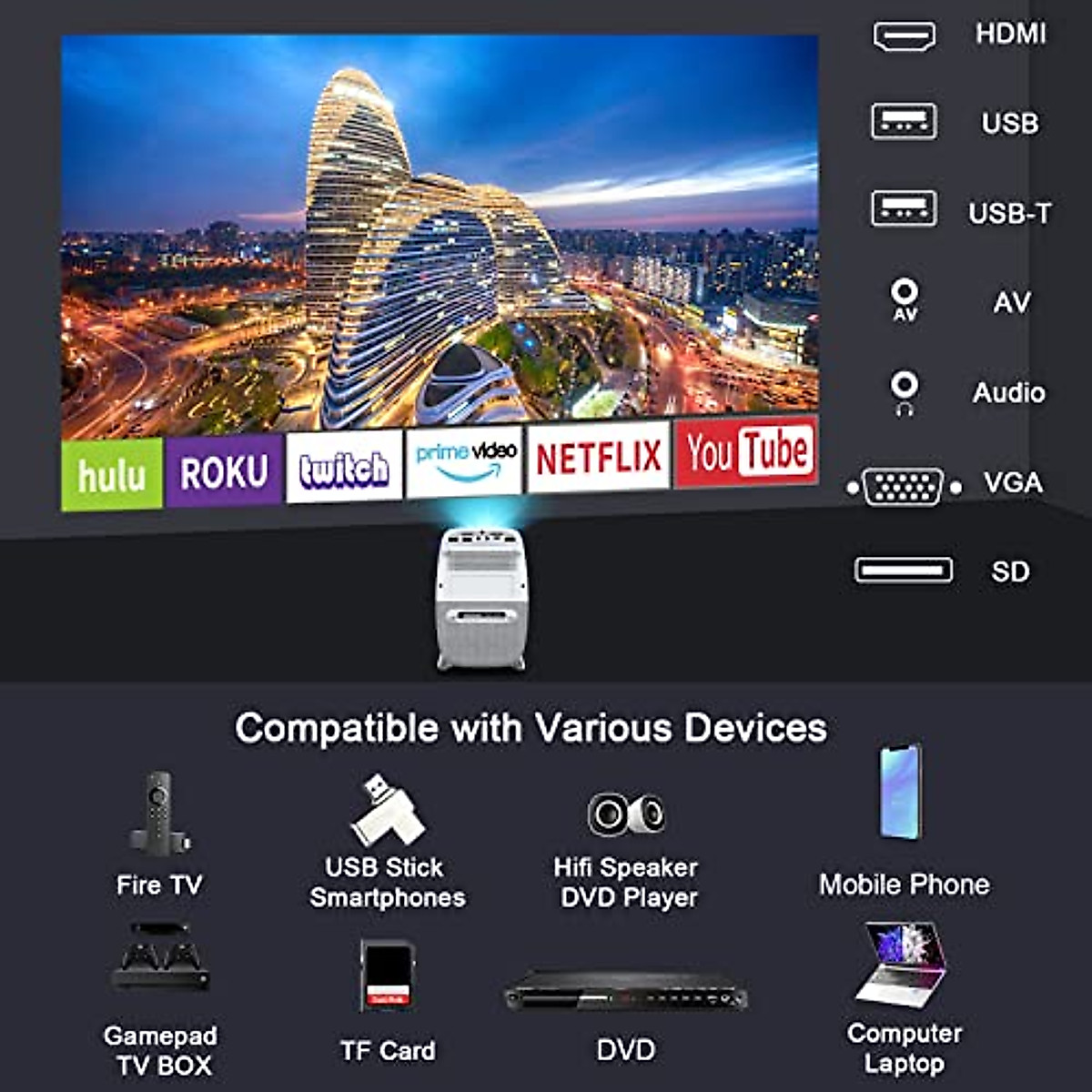 Portable Bluetooth WiFi Projector 4K-Supported - Video Projector with 100” Projection Screen, 8000L, Electric Focus, Full HD 1080P, Home Theater for iOS/Android Phone, Laptop/PC/PS4, Outdoor Movie