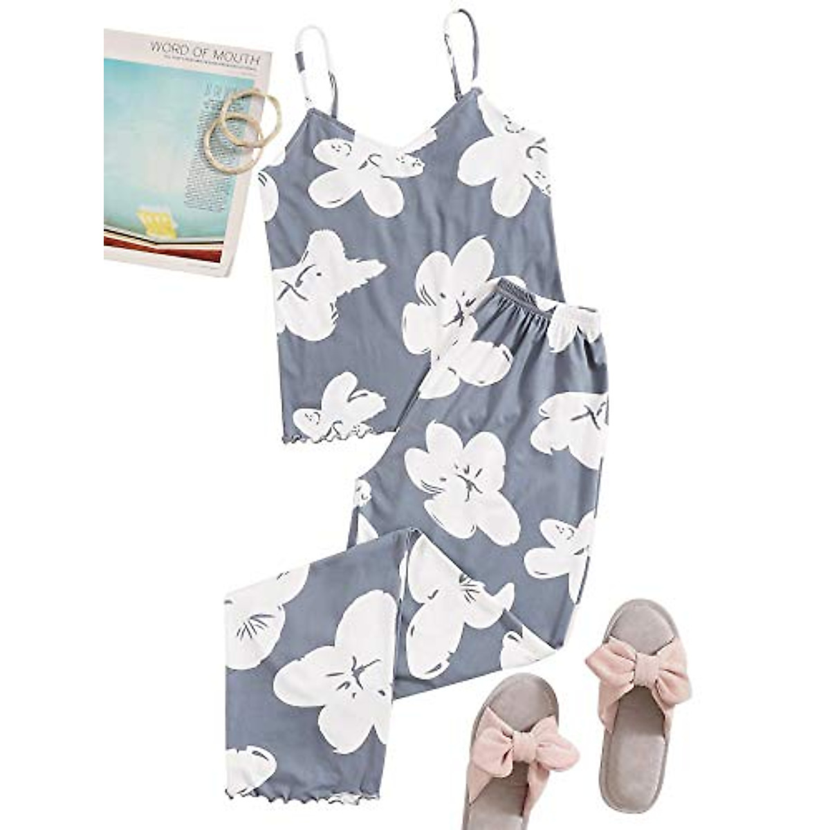 Floerns Women's Tropical Print Cami with Pants Sleepwear Two Piece Pajama Set Multi Floral M