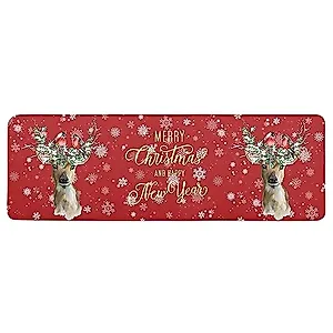 Kitchen Rug and Mat Set Merry Christmas Reindeer Robin,Non-Slip Doormats Comfort Durable Floor Runner,Winter Snowflakes on Red Washable Standing Carpet for Bedroom Living Room Decor