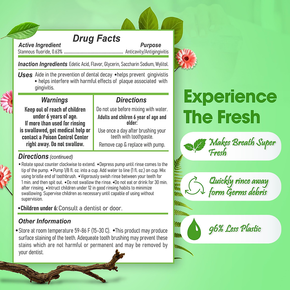 Stannous Fluoride Mouthwash - 10 Fl. Oz. 0.63% Antimicrobial Perio Rinse - Alcohol Free, Dye Free, Paraben Free - Refreshing Spearmint Flavor