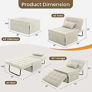 Fiona's magic Sofa Bed, 4 in 1 Multi-Function Convertible Ottoman, Modern Breathable Linen Folding Couch Bed with Adjustable Backrest and Storage Bag for Living Room Apartment Office, Beige
