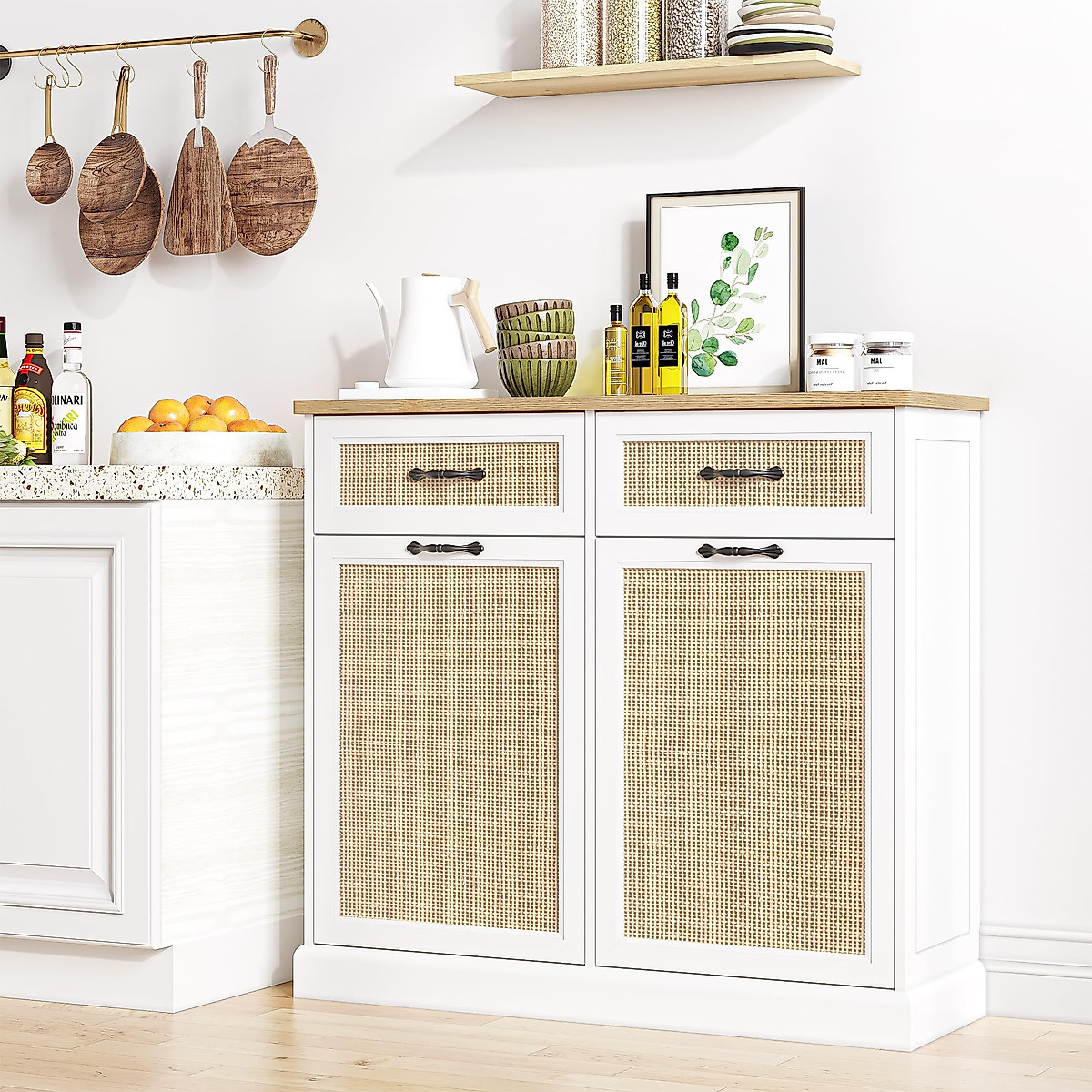 GAOMON Trash Storage Cabinet for 20 Gallons, Double Tilt Out Trash Cabinet Freestanding for Kitchen Dining Living Room, Hidden Garbage Bin Cabinet Dual Doors - Rattan