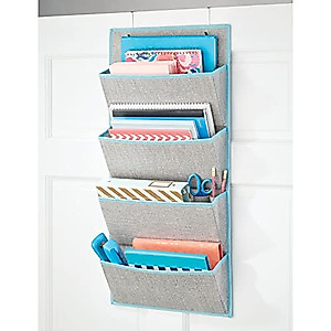 mDesign Soft Fabric Over The Door Hanging Storage Organizer with 4 Large Pockets for Closets in Bedrooms, Hallway, Entryway, Mudroom - Hooks Included - Textured Print - Gray/Teal Blue