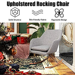 Giantex Accent Rocking Chair with Cushion, Upholstered Rocking Arm Chair w/Solid Steel Wood Leg, Modern Rocker Chair for Balcony, Bedroom (1, Grey)